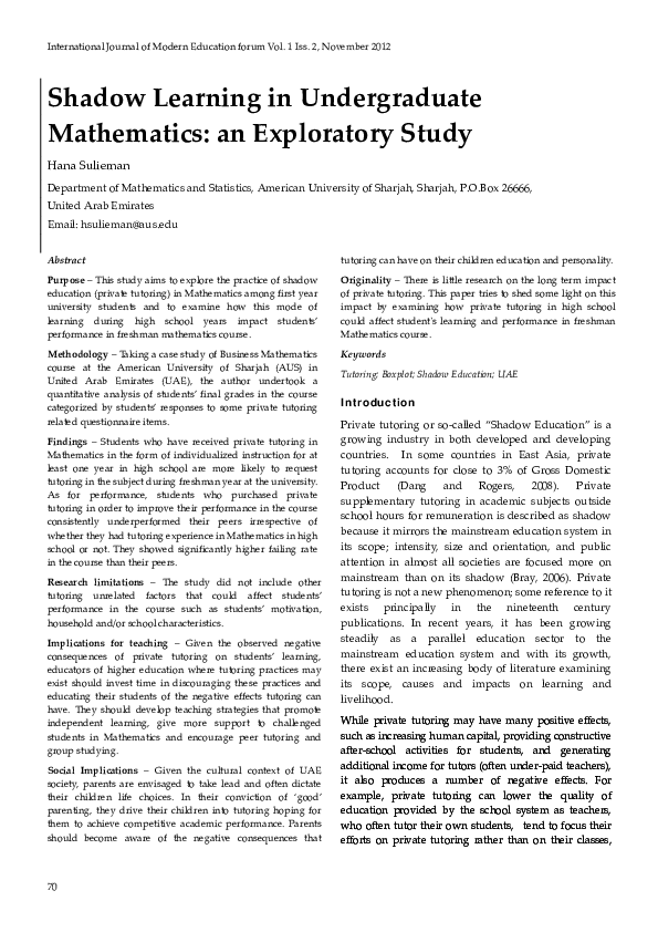 (PDF) Shadow Learning in Undergraduate Mathematics: an Exploratory Study