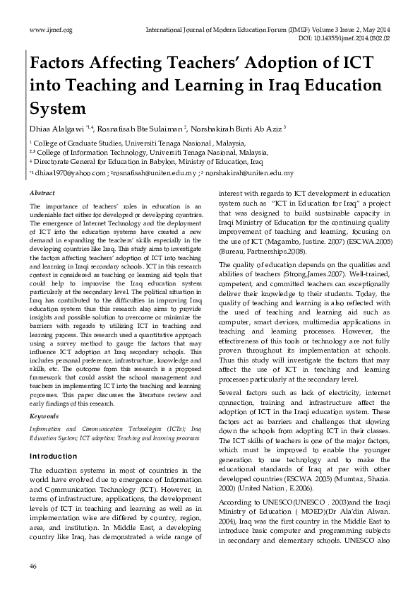 (PDF) Factors Affecting Teachers’ Adoption of ICT into Teaching and Learning in Iraq Education ...