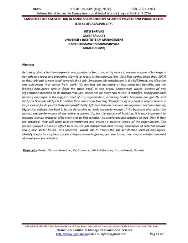 (PDF) EMPLOYEES JOB SATISFACTION IN BANK: A COMPARATIVE STUDY OF PRIVATE AND PUBLIC SECTOR BANKS ...