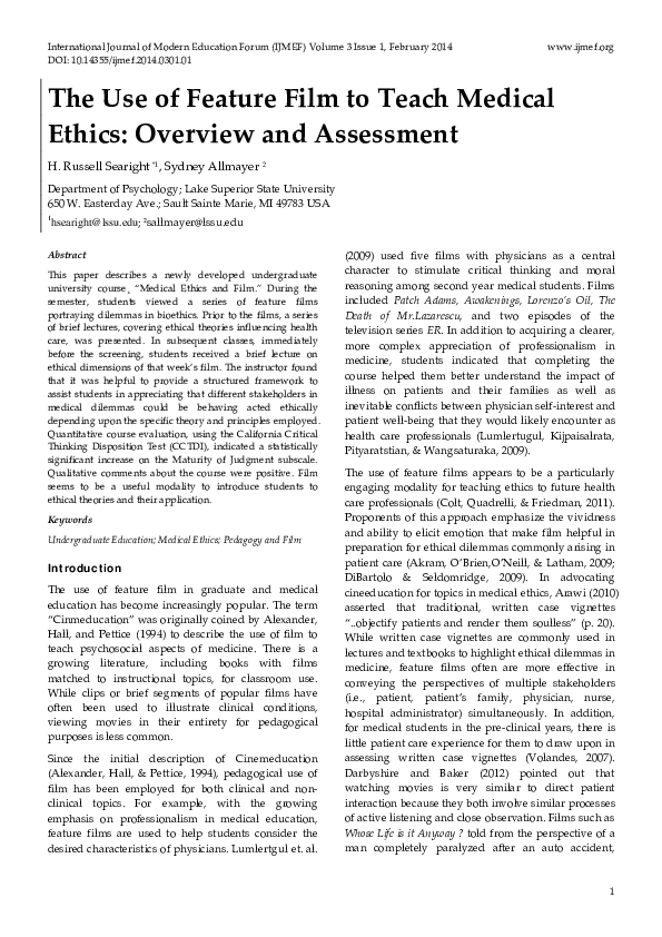 (PDF) The Use of Feature Film to Teach Medical Ethics: Overview and ...