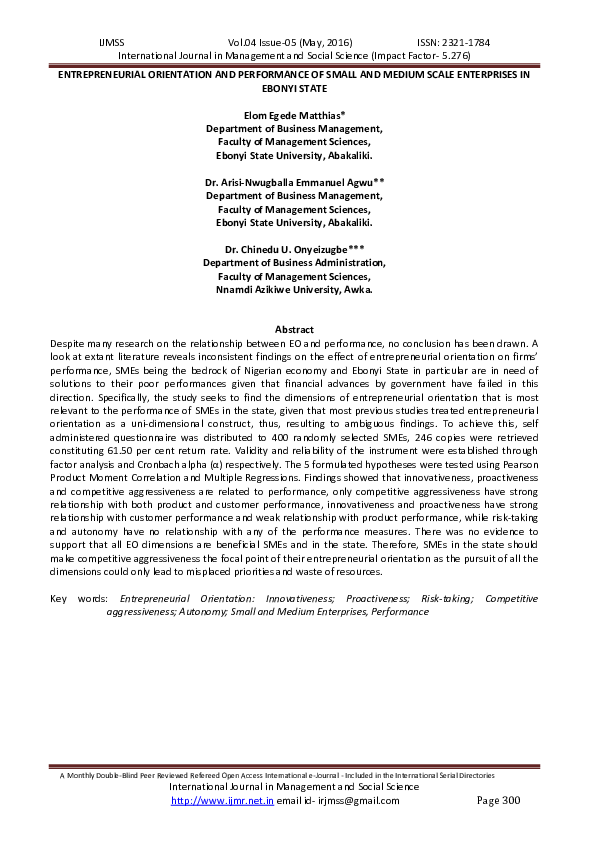 (PDF) ENTREPRENEURIAL ORIENTATION AND PERFORMANCE OF SMALL AND MEDIUM SCALE ENTERPRISES IN ...