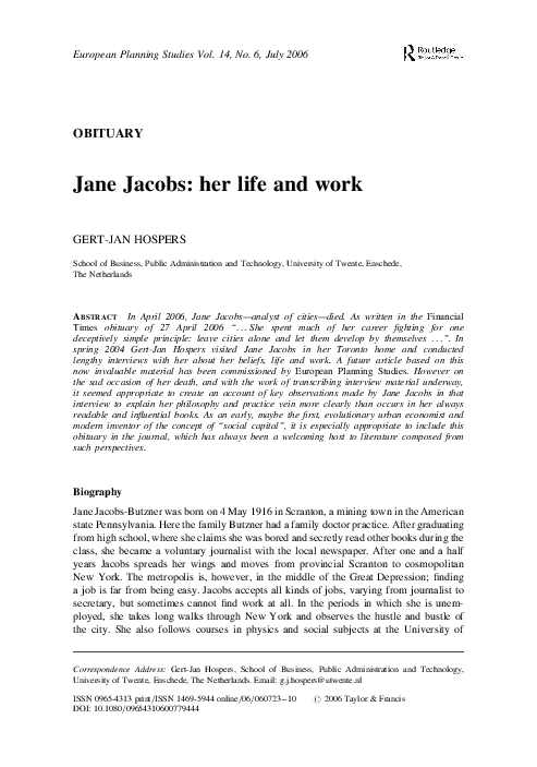 (PDF) Jane Jacobs: her life and work