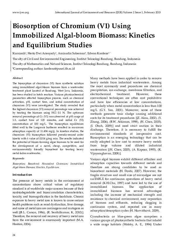 (PDF) Biosorption of Chromium (VI) Using Immobilized Algal Blooming Biomass: Kinetics and ...