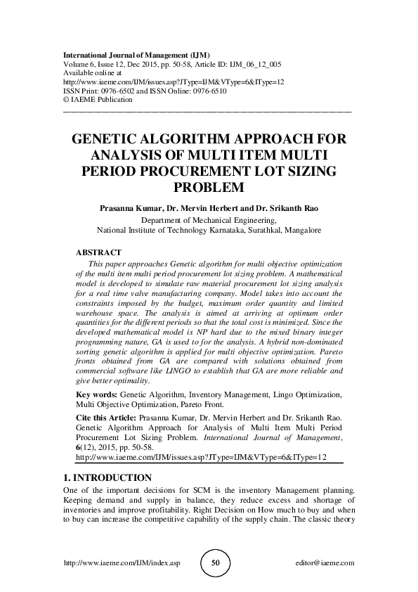 Pdf Genetic Algorithm Approach For Analysis Of Multi Item Multi Period Procurement Lot Sizing