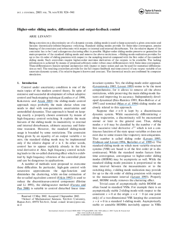 Pdf Higher Order Sliding Modes Differentiation And Output Feedback Control