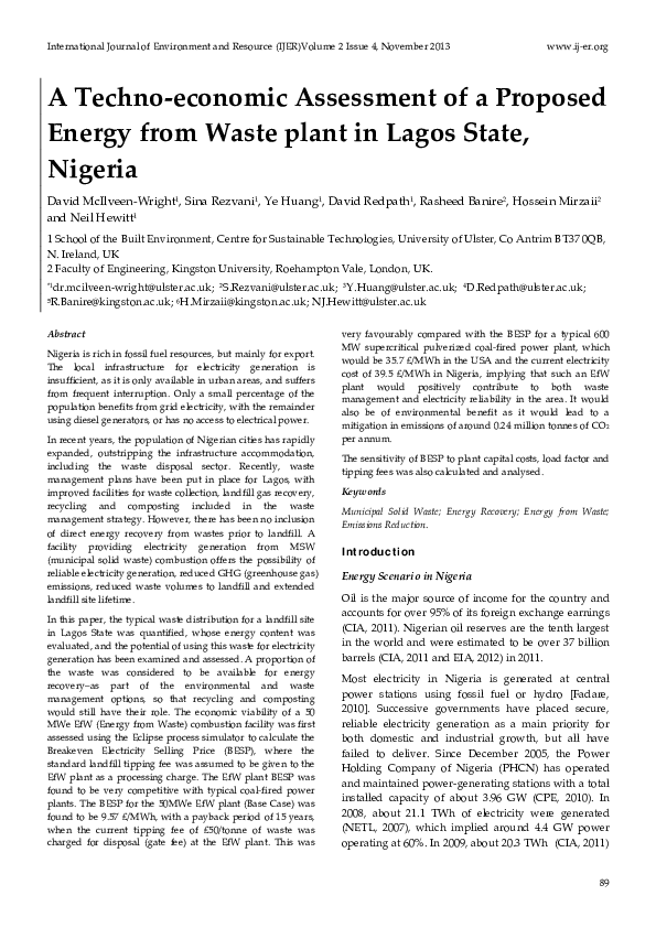 (PDF) A Techno-economic Assessment of a Proposed Energy from Waste ...