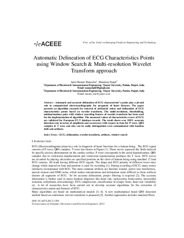 (PDF) accurate delineation of ECG characteristics points using window search and wavelet transform