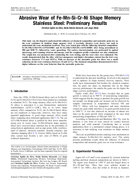 (PDF) Abrasive Wear of Fe-Mn-Si-Cr-Ni Shape Memory Stainless Steel: Preliminary Results