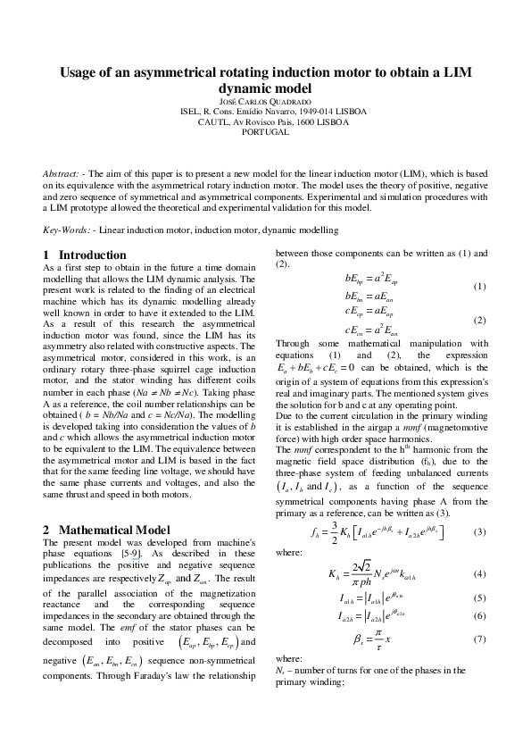 Pdf Usage Of An Asymmetrical Rotating Induction Motor To Obtain A Lim Dynamic Model