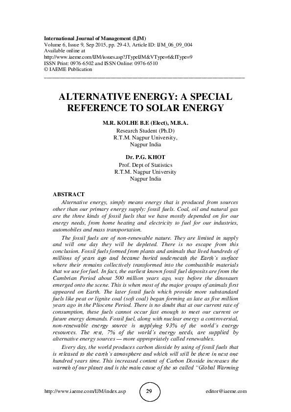 (PDF) ALTERNATIVE ENERGY: A SPECIAL REFERENCE TO SOLAR ENERGY