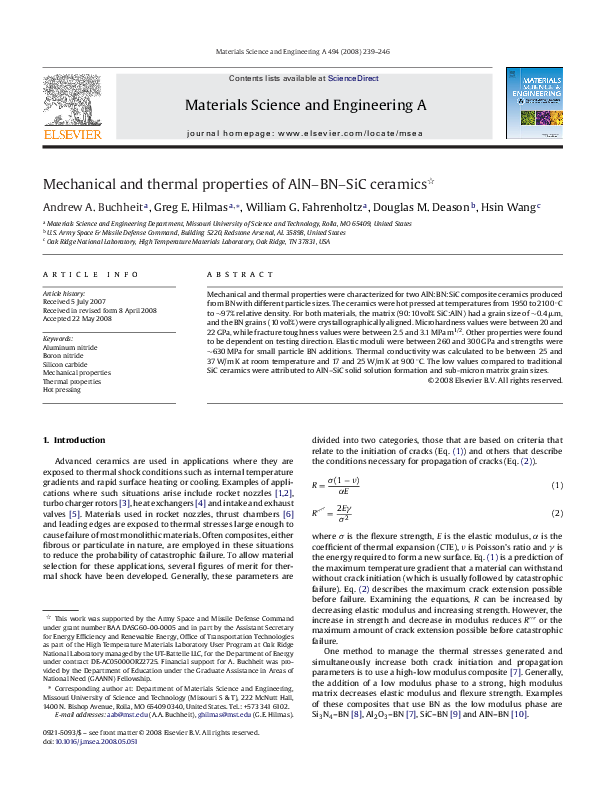 (PDF) Mechanical and thermal properties of AlN–BN–SiC ceramics