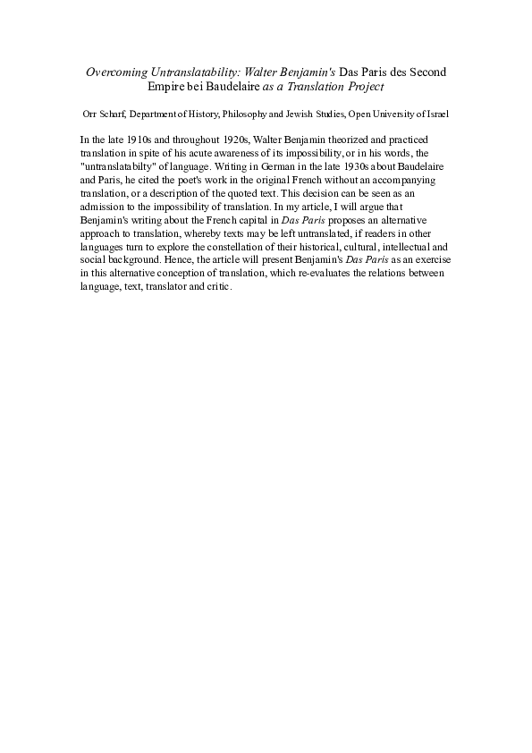 (DOC) Overcoming Untranslatability: Walter Benjamin's Das Paris des ...