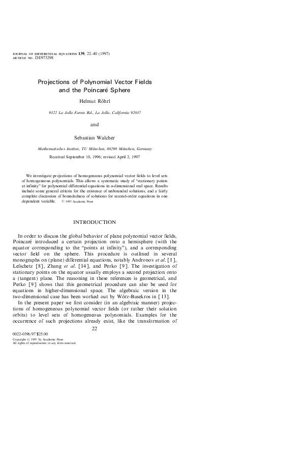 (PDF) Projections of Polynomial Vector Fields and the Poincaré Sphere