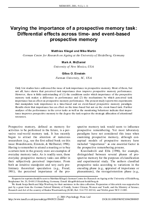 (PDF) Varying the importance of a prospective memory task: Differential ...