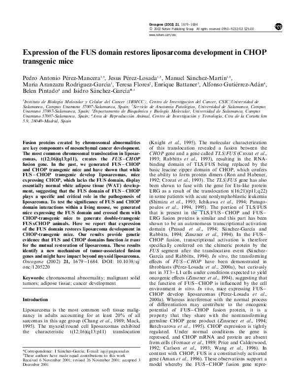 (PDF) Expression of the FUS domain restores liposarcoma development in ...