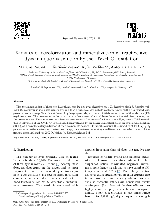 (PDF) Kinetics of decolorization and mineralization of reactive azo dyes in aqueous solution by ...