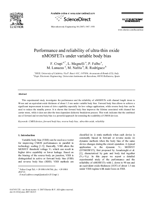 (PDF) Performance and reliability of ultra-thin oxide nMOSFETs under variable body bias