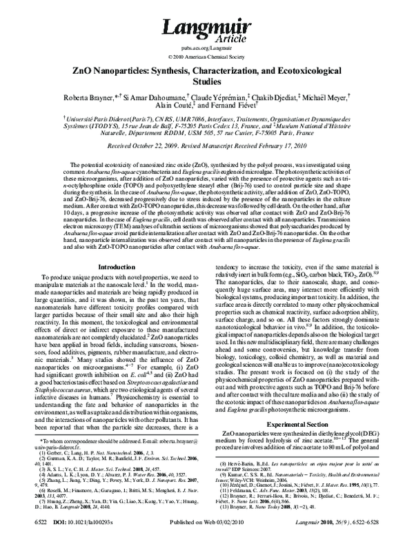 (PDF) ZnO Nanoparticles: Synthesis, Characterization, and Ecotoxicological Studies