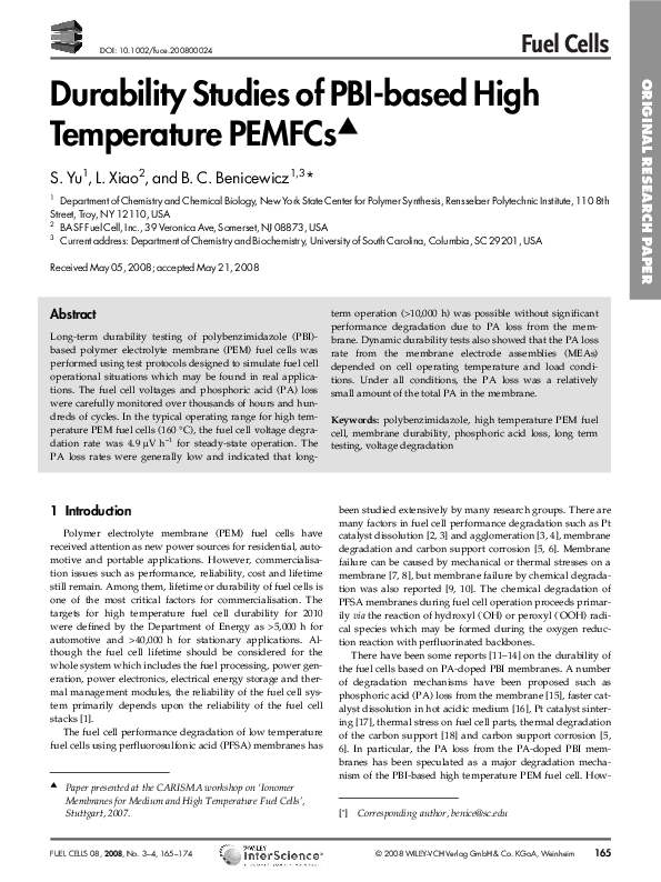 (PDF) Durability Studies of PBI‐based High Temperature PEMFCs