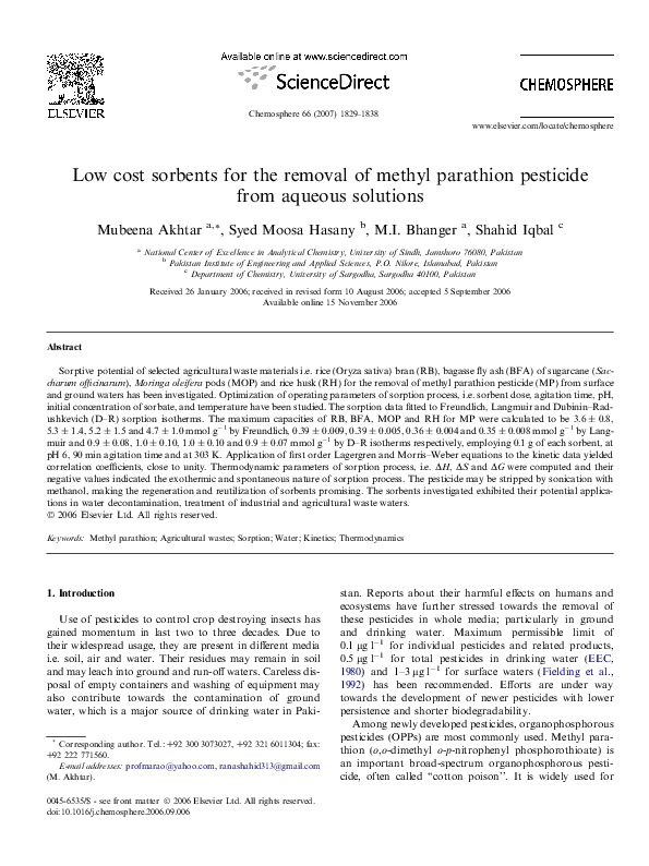 (PDF) Low cost sorbents for the removal of methyl parathion pesticide ...