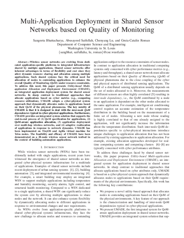 Pdf Multi Application Deployment In Shared Sensor Networks Based On Quality Of Monitoring