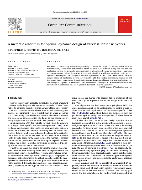 Pdf A Memetic Algorithm For Dynamic Design Of Wireless Sensor Networks Theodore Tsiligiridis