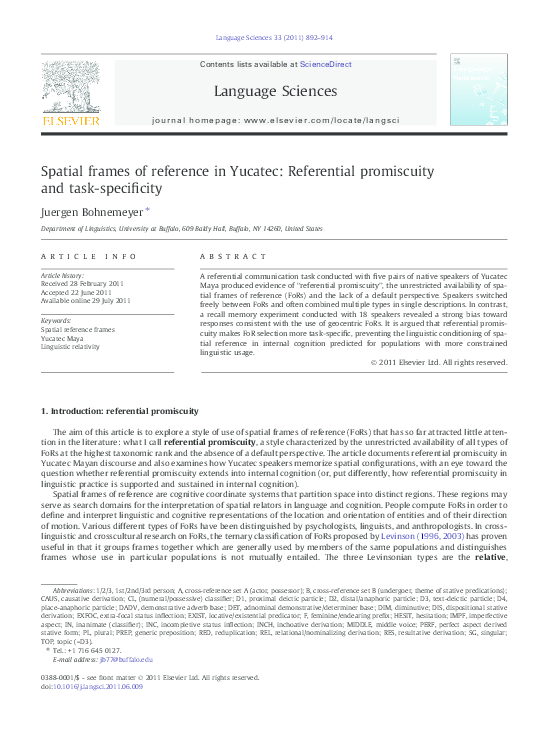 (PDF) Spatial frames of reference in Yucatec: Referential promiscuity and task-specificity