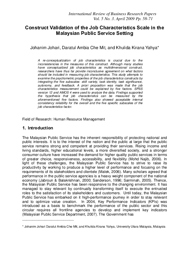 (PDF) Construct validation of the job characteristics scale in the Malaysian public service setting