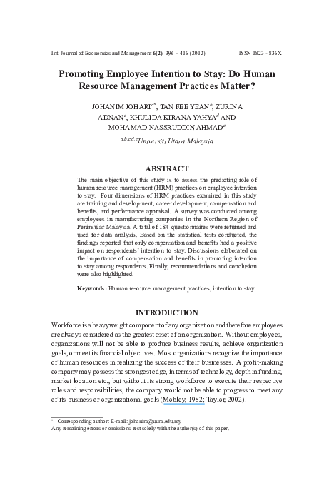 (PDF) Promoting Employee Intention to Stay: Do Human Resource ...