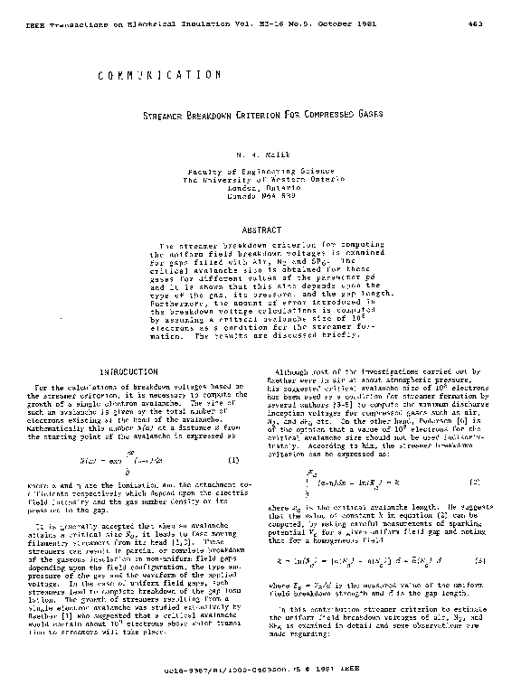 (PDF) Streamer Breakdown Criterion for Compressed Gases