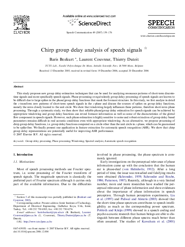 (PDF) Chirp group delay analysis of speech signals