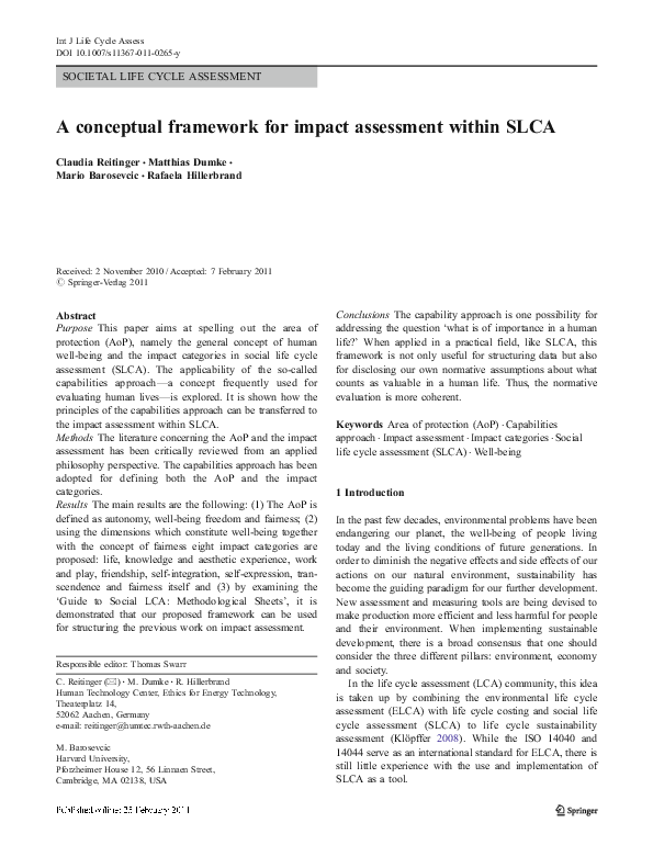 (PDF) A conceptual framework for impact assessment within SLCA