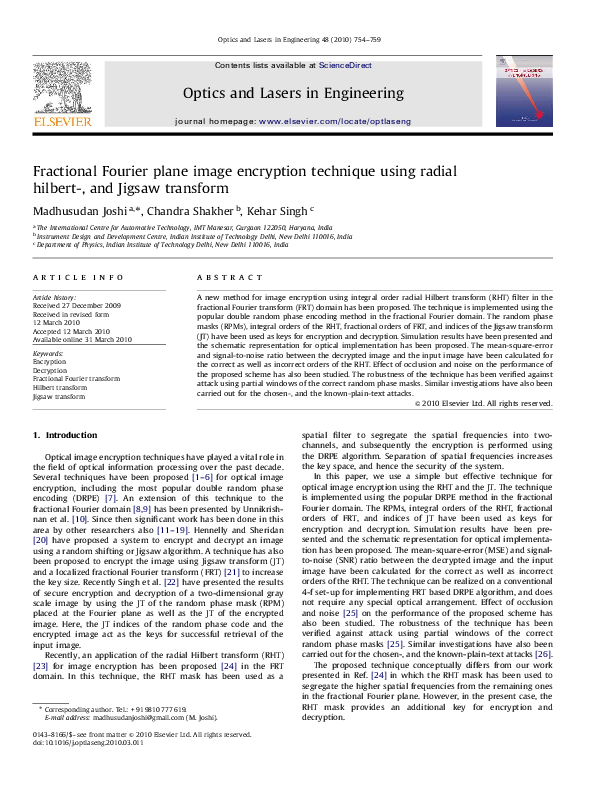 (PDF) Fractional Fourier plane image encryption technique using radial hilbert-, and Jigsaw ...