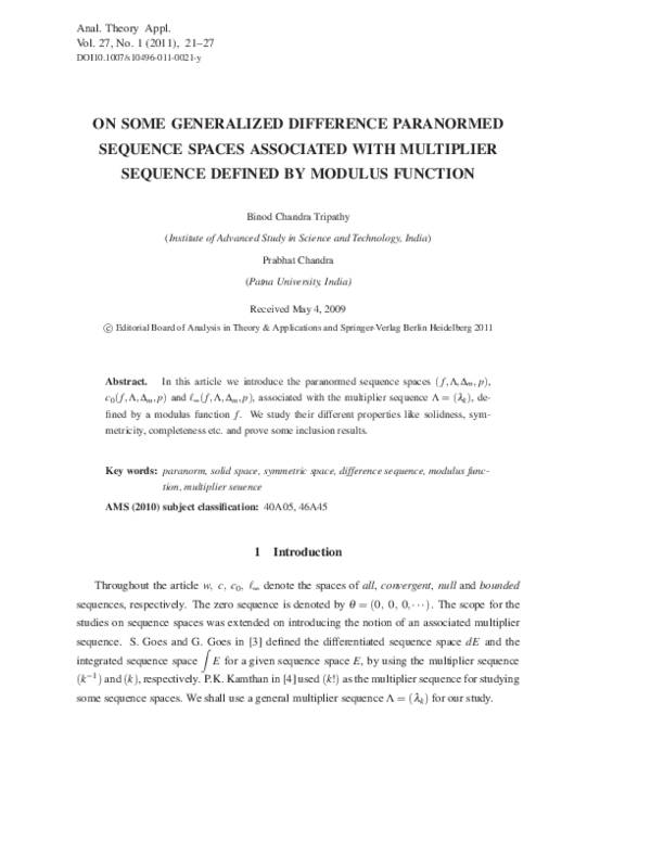 Pdf On Some Generalized Difference Paranormed Sequence Spaces Associated With Multiplier