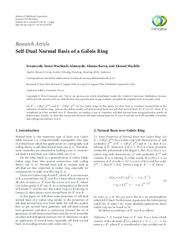 (PDF) Self-Dual Normal Basis of a Galois Ring