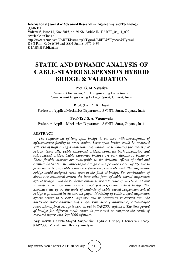 (PDF) STATIC AND DYNAMIC ANALYSIS OF CABLE-STAYED SUSPENSION HYBRID BRIDGE & VALIDATION