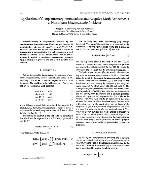 (PDF) Application of complementary formulations and adaptive mesh refinements to non-linear ...