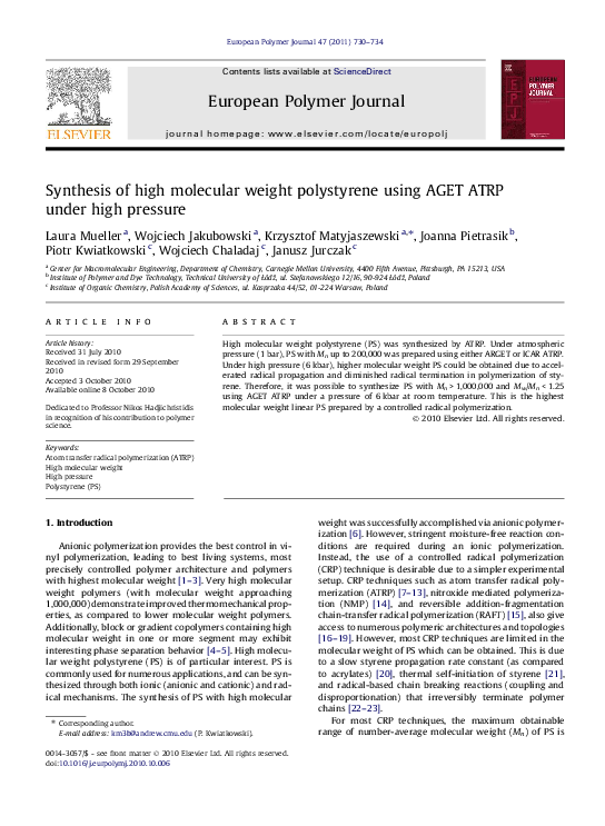 Pdf Synthesis Of High Molecular Weight Polystyrene Using Aget Atrp Under High Pressure