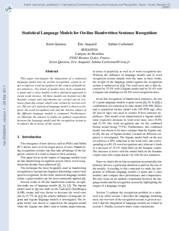 (PDF) Statistical Language Models for On-Line Handwriting Recognition