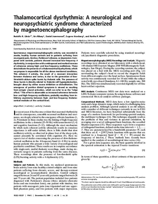(PDF) Thalamo - cortical dysrhythmia: a neurological and ...