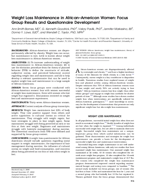 (PDF) Weight Loss Maintenance in African–American Women: Focus Group ...