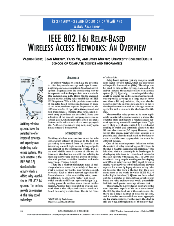 (PDF) IEEE 802.16J relay-based wireless access networks: an overview