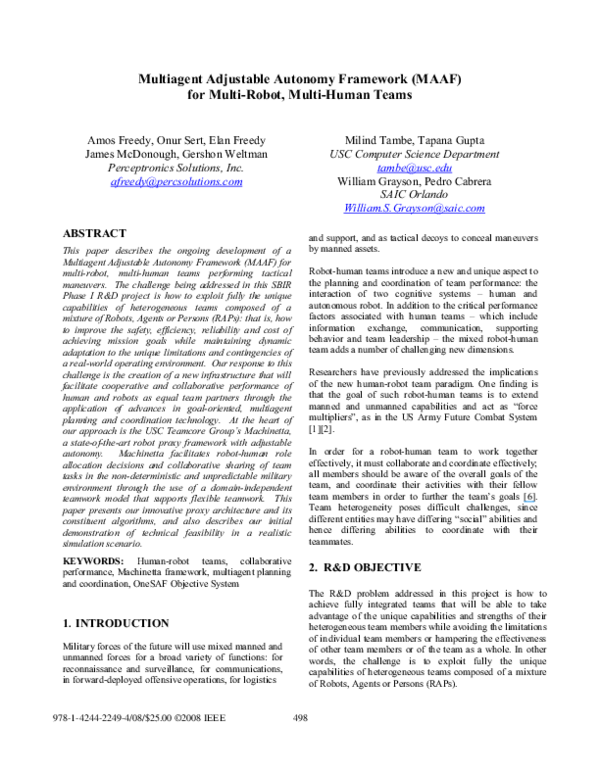 (PDF) Multiagent Adjustable Autonomy Framework (MAAF) for multi-robot, multi-human teams