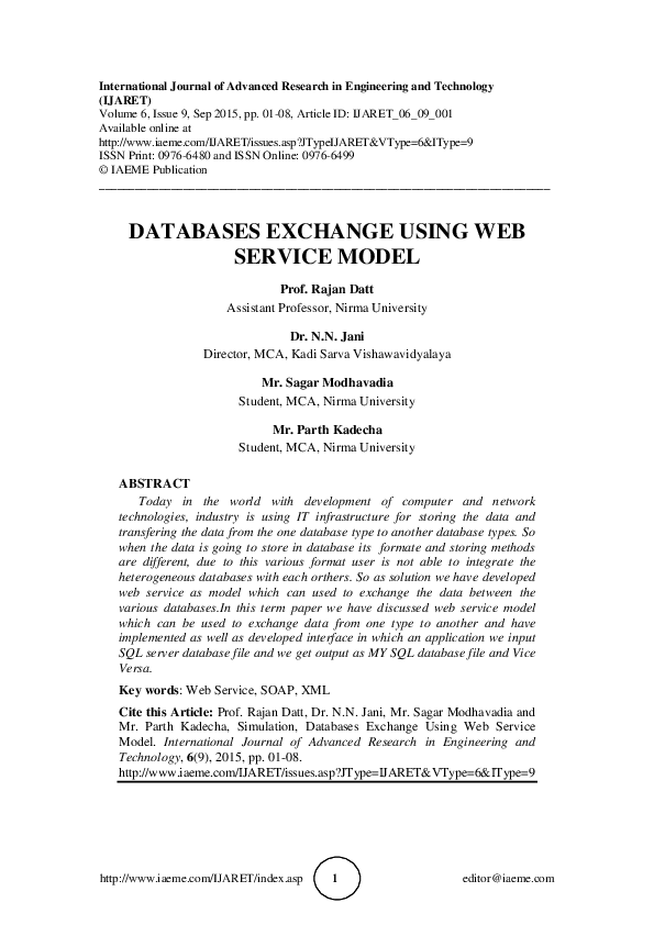 (PDF) DATABASES EXCHANGE USING WEB SERVICE MODEL
