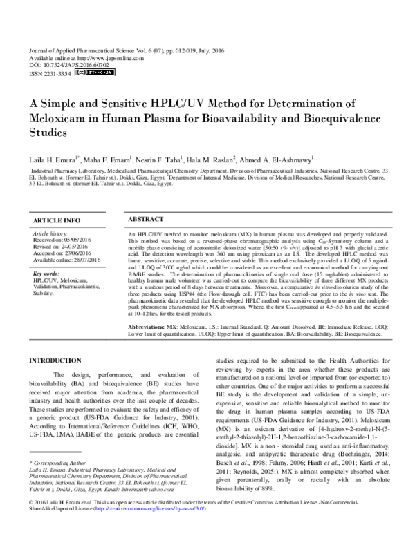 Pdf A Simple And Sensitive Hplc Uv Method For Determination Of Meloxicam In Human Plasma For