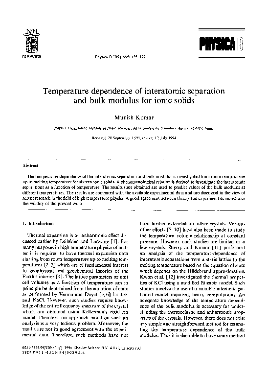 (PDF) Temperature dependence of interatomic separation and bulk modulus for ionic solids