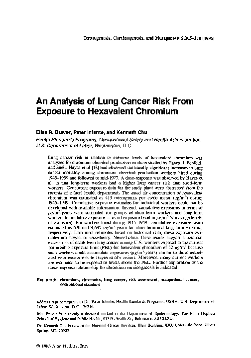 (PDF) An analysis of lung cancer risk from exposure to hexavalent chromium