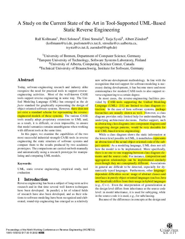 (PDF) A Study on the Current State of the Art in Tool-Supported UML-Based Static Reverse Engineering