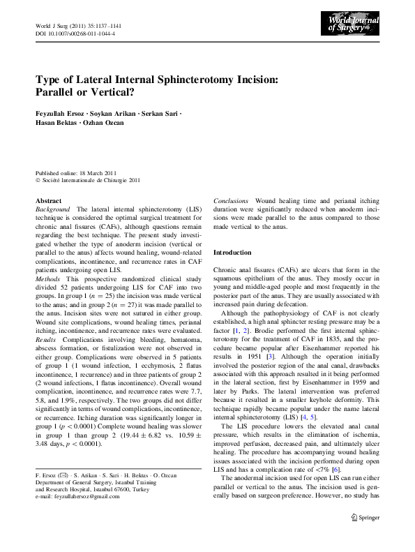 (PDF) Type of Lateral Internal Sphincterotomy Incision: Parallel or ...