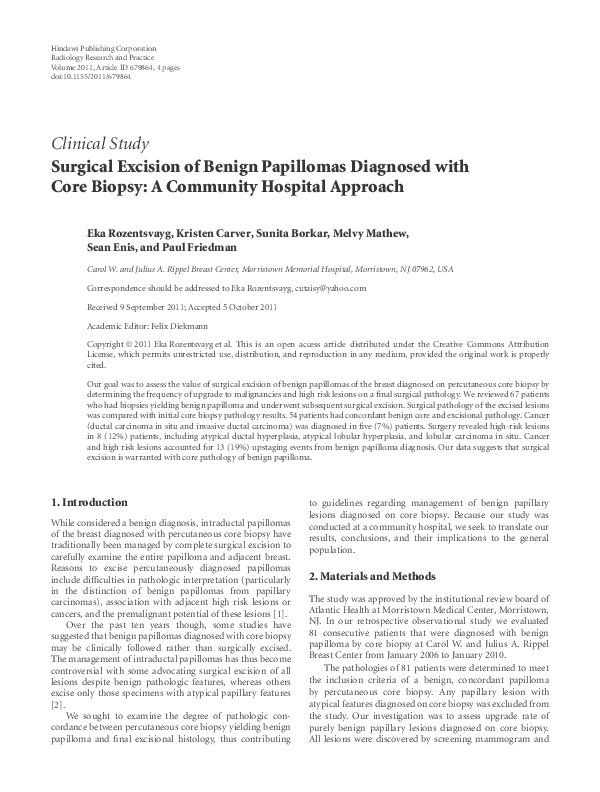 Surgical Excision of Benign Papillomas Diagnosed with Core Biopsy: A ...